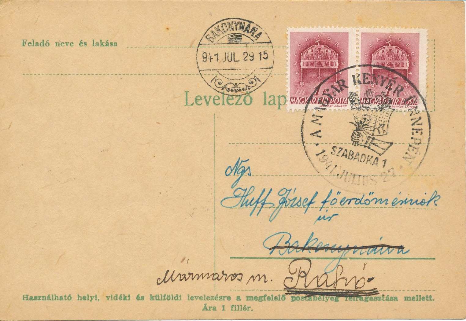 1941. A magyar kenyér ünnepén Szabadka 1. emlékbélyegzés ...