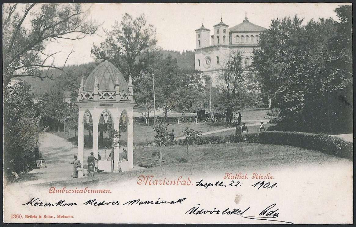 Csehország, Marienbad (Mária-fürdő) Ambrosius-kút és a katolikus ...