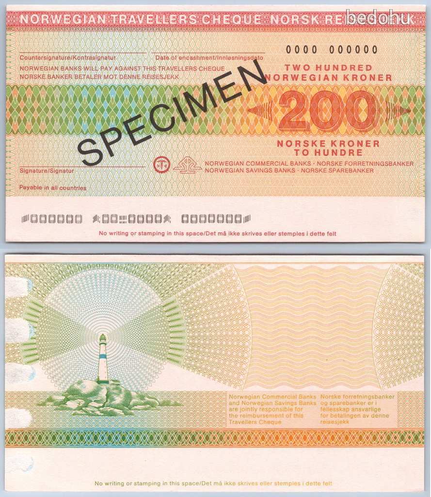 Pénzhelyettesítő, norvég utazási csekk, Nors Reisesjekk, 200 lnorvég ...