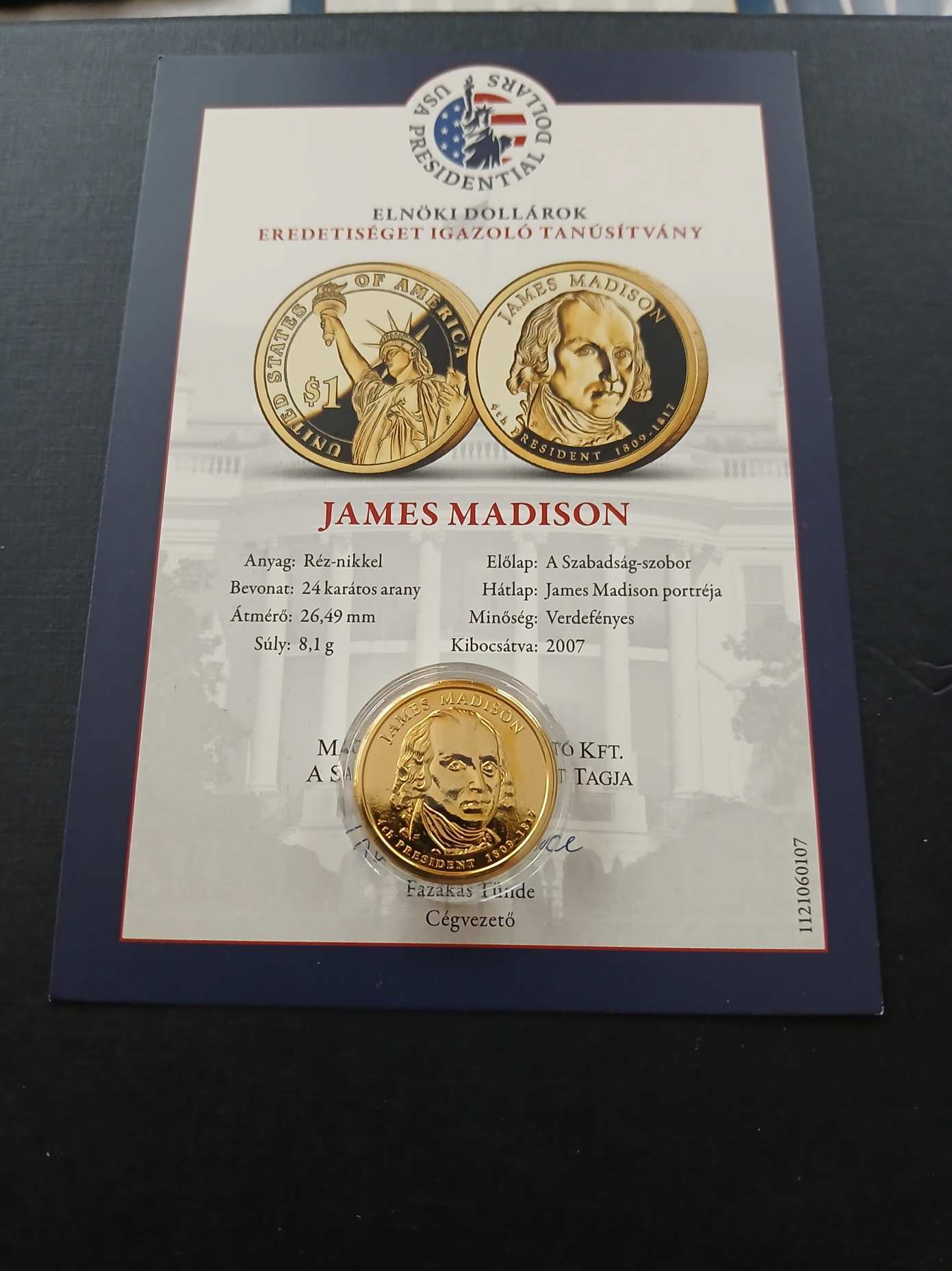 P2285 USA 1 dollár 2007 ARANYOZOTT Elnökök sorozat James Madison ...