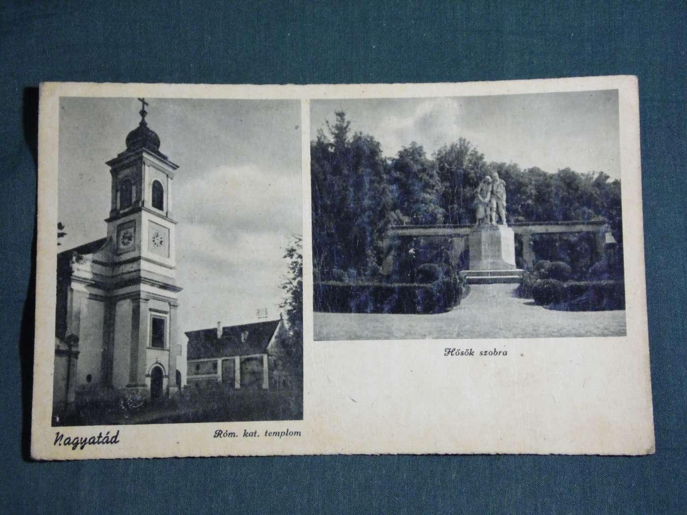 Képeslap, Nagyatád, mozaik részletek, templom, hősök szobra emlékmű ,1944