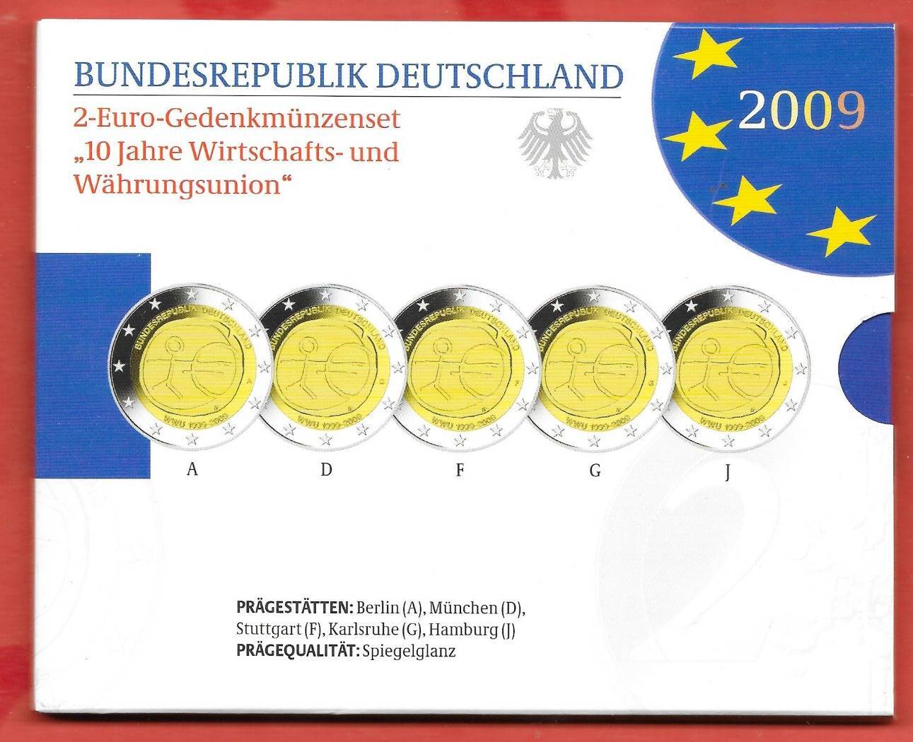 2009. Németország , 2 € Gazd. és monetáris Unio alk. érme 5 klf ...