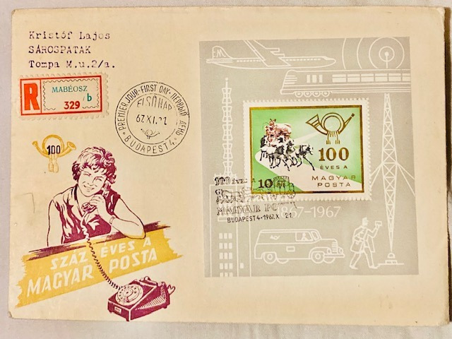 1967-es 100 éves a magyar posta blokk jelentős, ismert nyomdai hibával